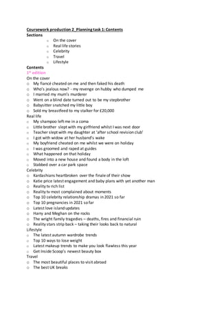 Coursework production 2 planning task 1 contents | PDF