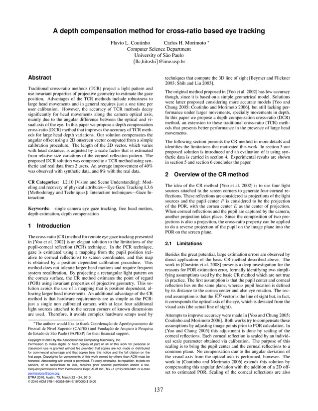 Coutinho A Depth Compensation Method For Cross Ratio Based Eye Tracking | PDF | Eye and Vision ...