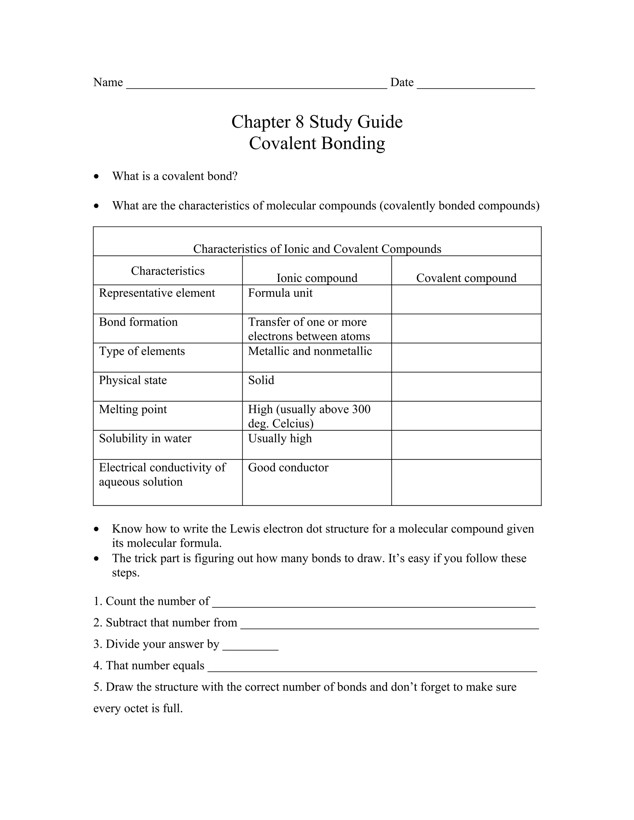 Chemistry - Chp 8 - Covalent Bonding - Study Guide | DOC