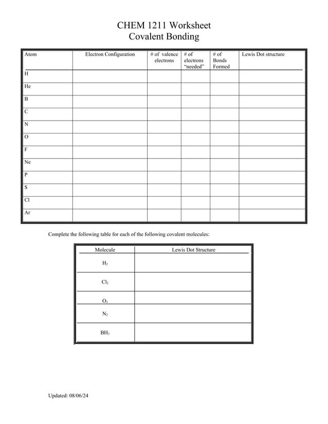 Covalent Bonds Worksheet - Physical Science | DOC