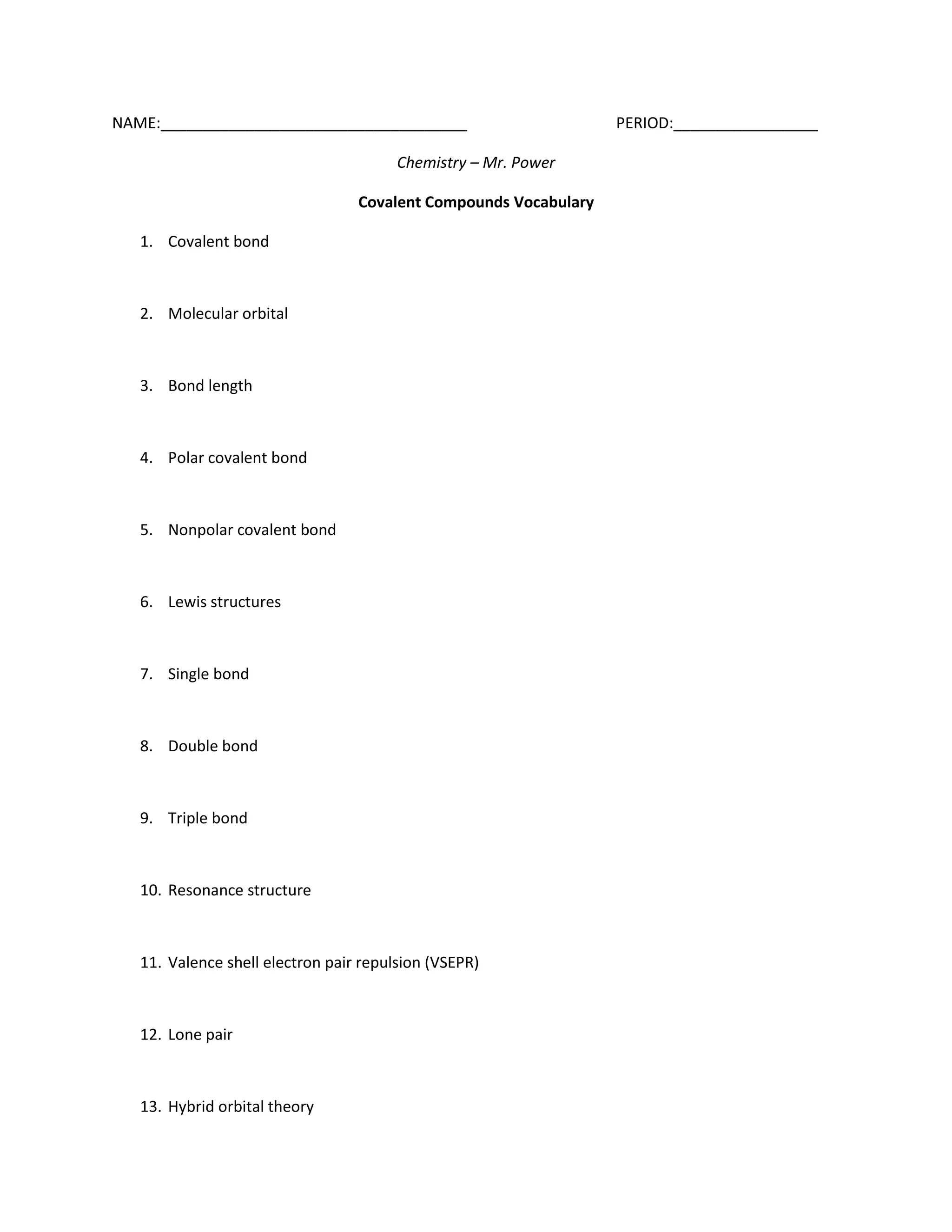 Covalent Compounds Vocabulary worksheets | DOCX