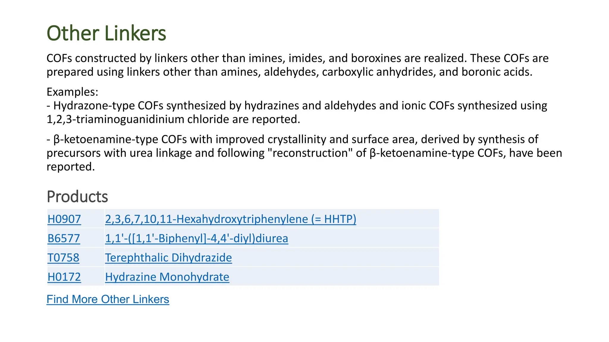 Covalent Organic Frameworks (COF) Linkers | TCI Chemicals | PPTX