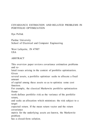 COVARIANCE ESTIMATION AND RELATED PROBLEMS IN PORTFOLIO OPTIMI | PDF