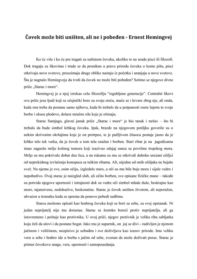 Covek moze biti unisten ali ne i pobedjen ernest hemingvej | DOC