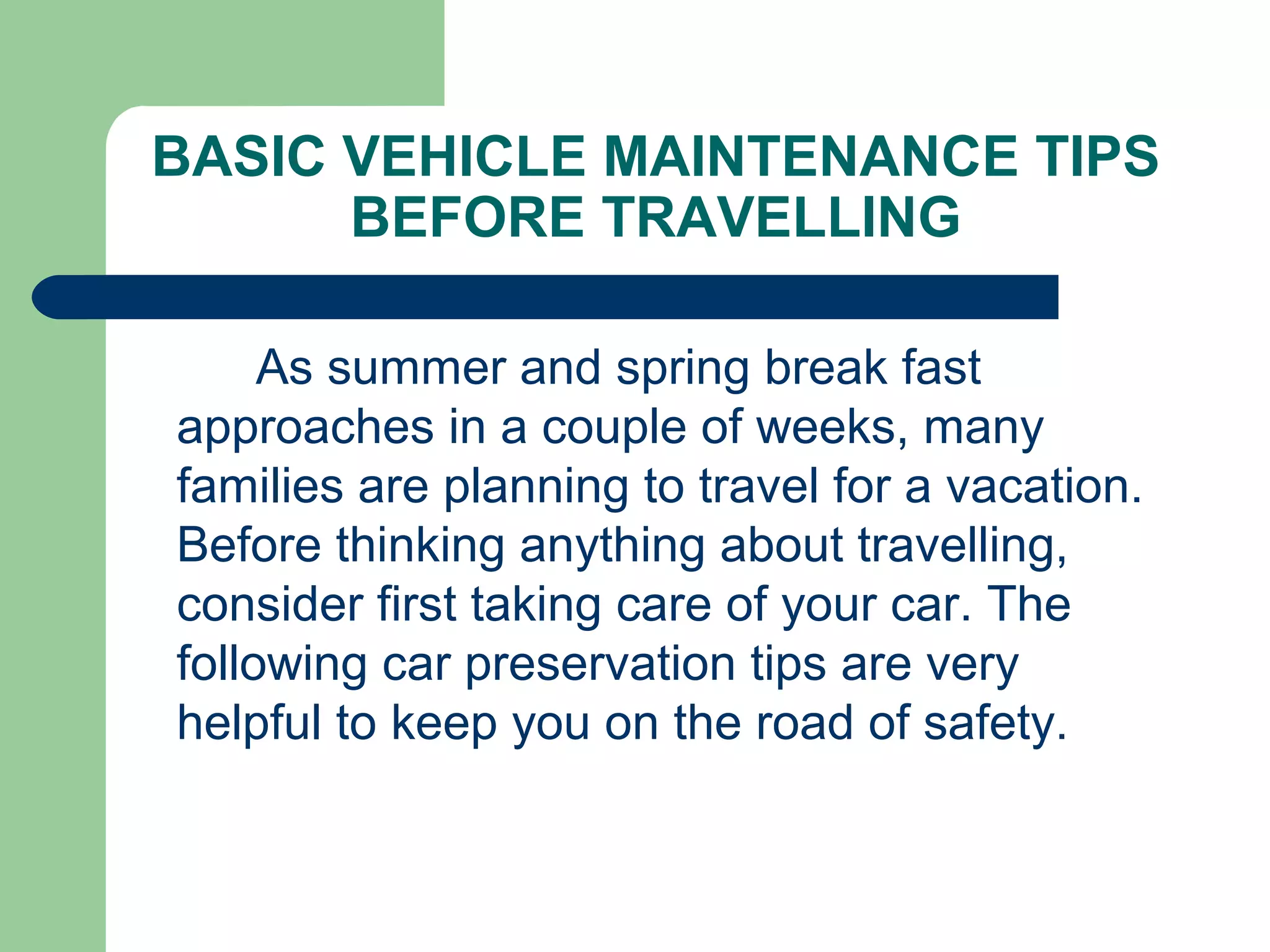 BASIC VEHICLE MAINTENANCE TIPS | PPT