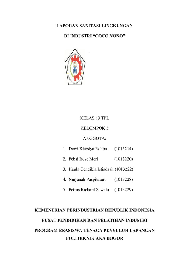 Cover LAPORAN SANITASI LINGKUNGAN DI INDUSTRI “COCO NONO” | DOC
