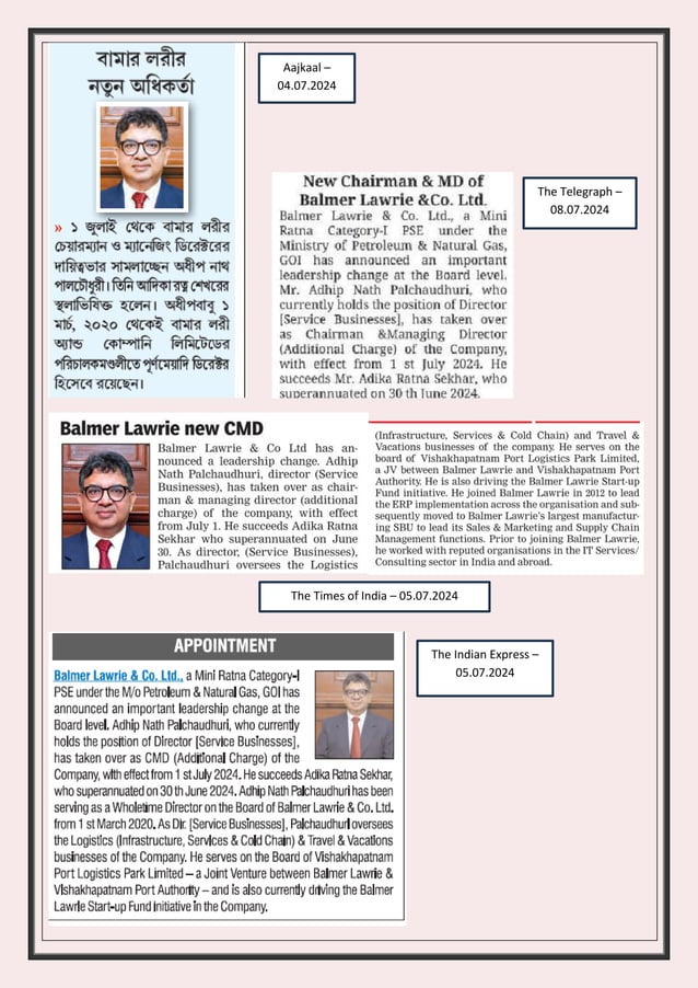 Coverage Report_Appointment of C&MD at Balmer Lawrie & Co. Ltd. | PDF