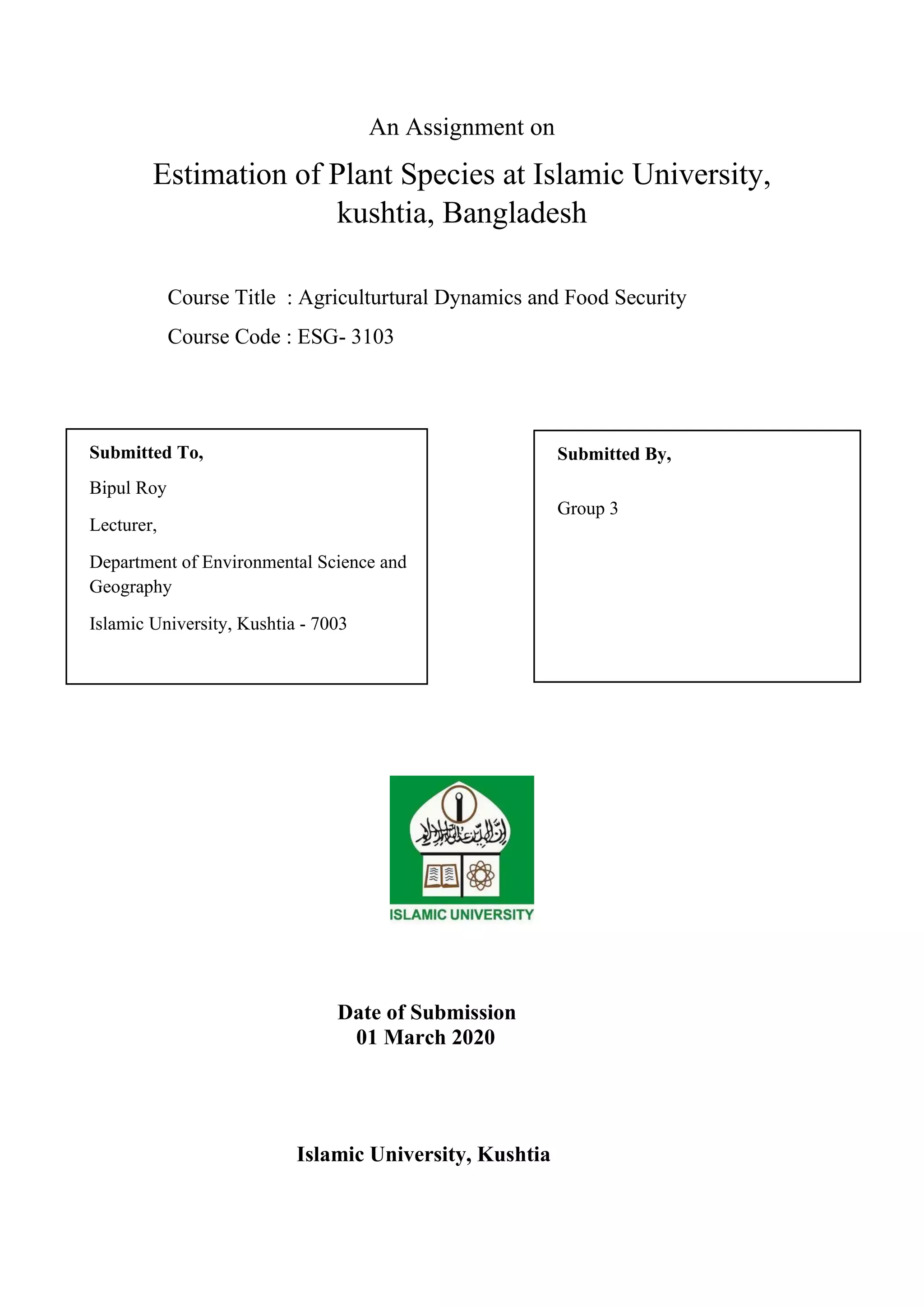 Cover an assignment on estimation of plant species at iu campus ...