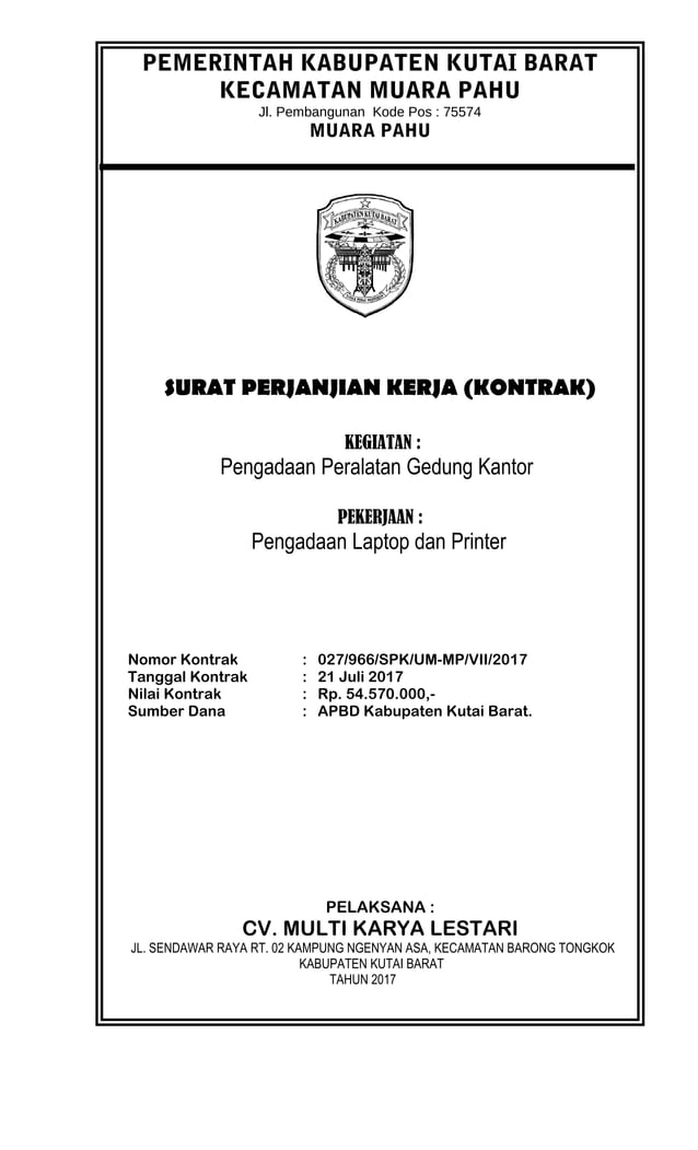 Cover kontrak peralatan gedung kantor 2017 | DOC