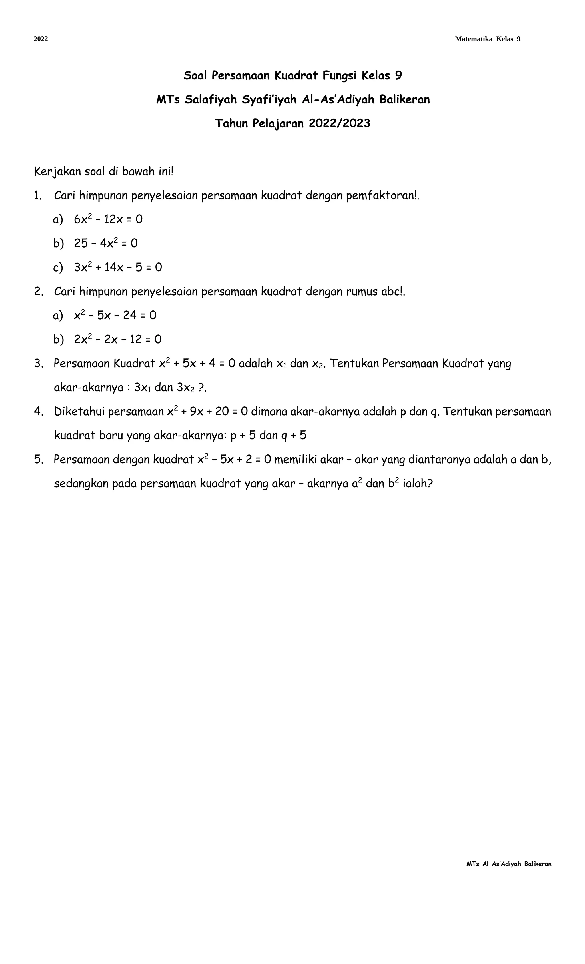 Kumpulan Tugas Matematika dan IPA MTs Al-As'Adiyah Balikeran | PDF