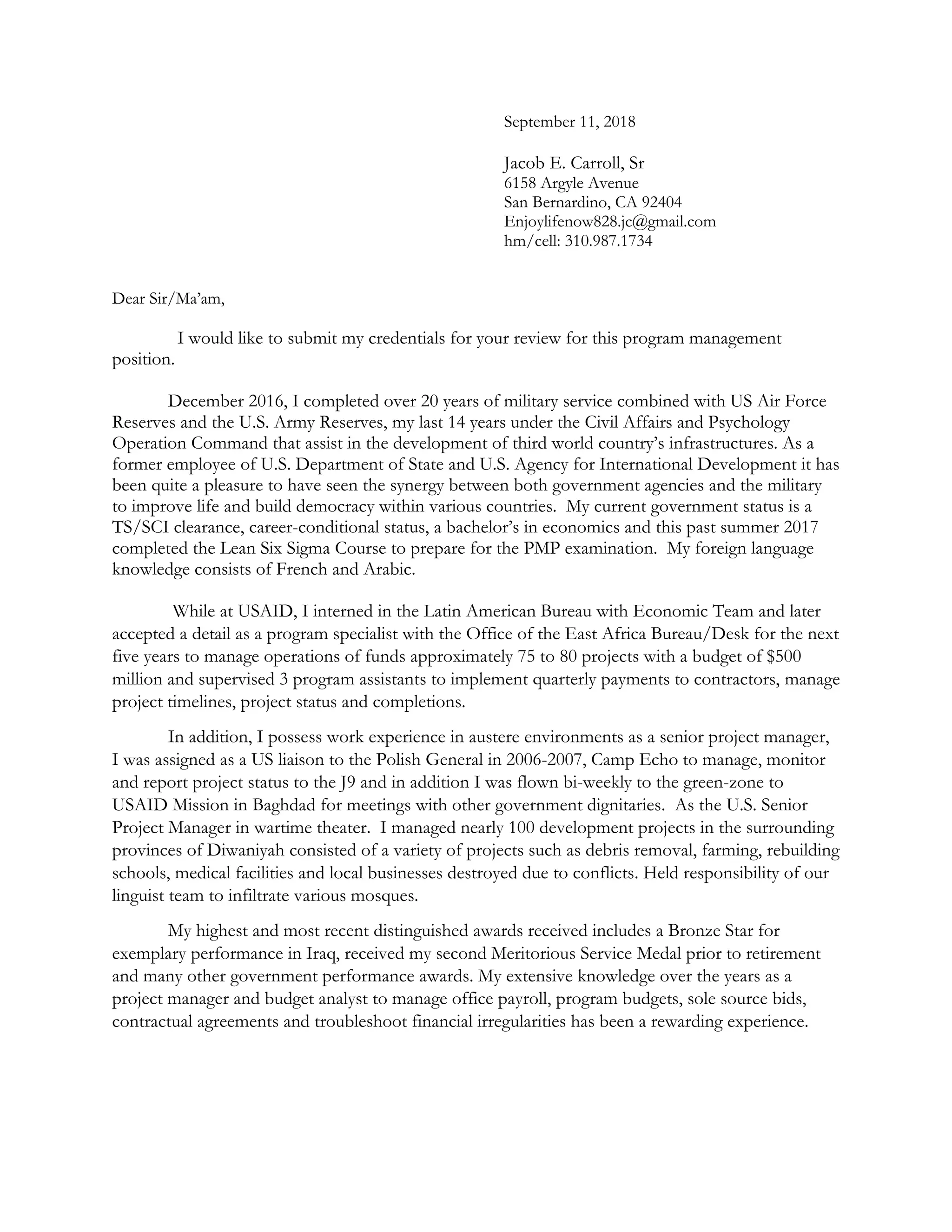 Jacob Carroll Cover Letter, PMP | PDF