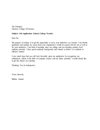 Cover letter for fresh job seeker teaching intensip,fresh teacher | DOCX