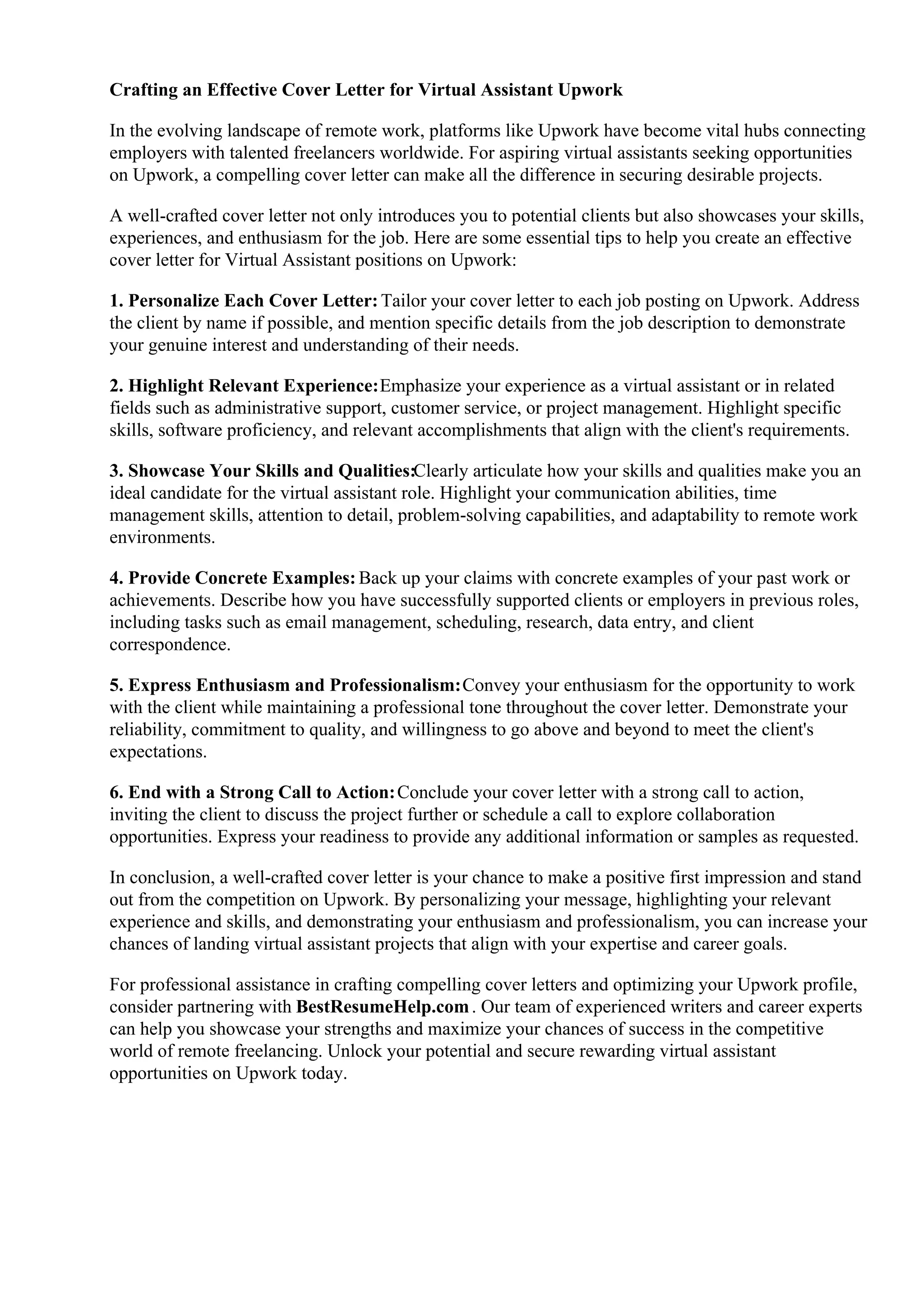 Cover Letter For Virtual Assistant Upwork | PDF