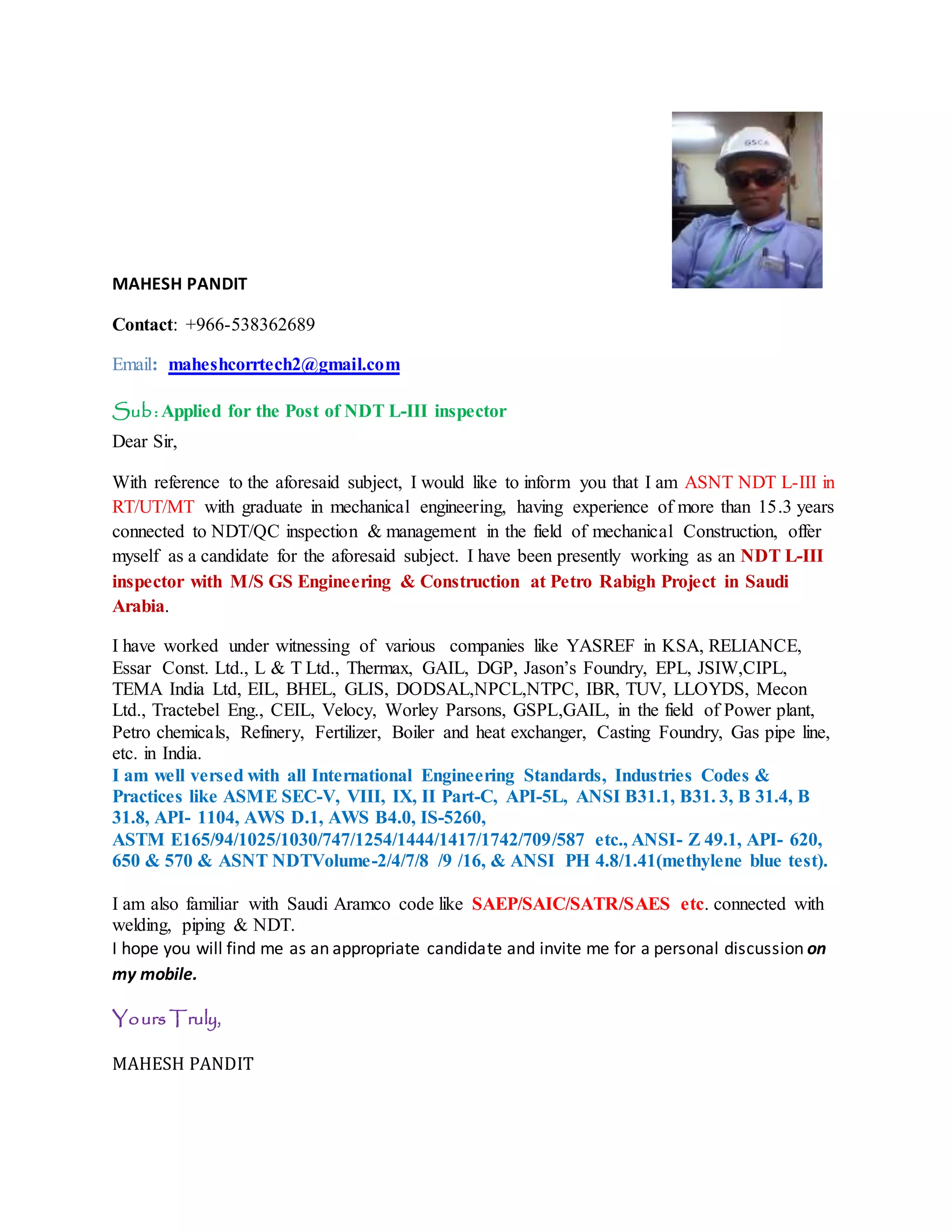 Cover letter of mahesh pandit for ndt l iii | DOCX