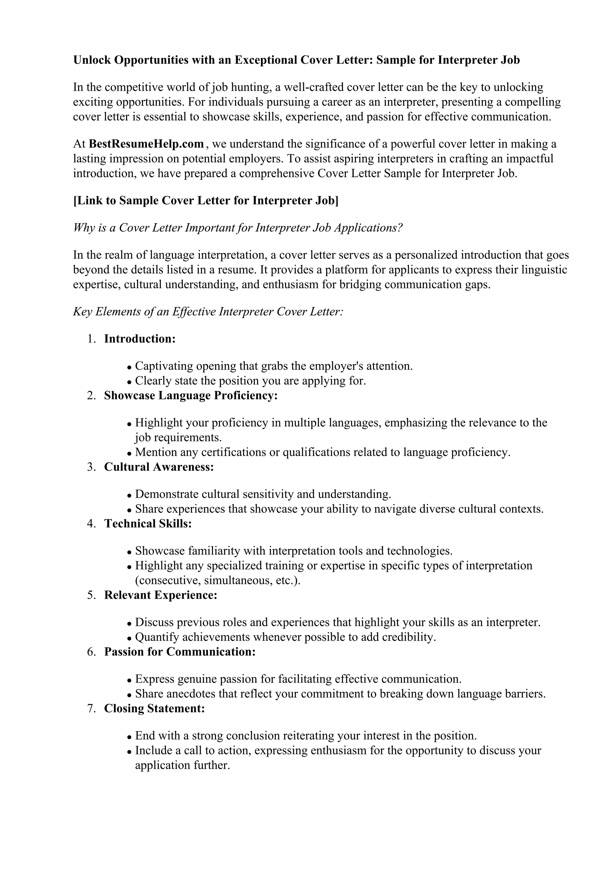 Cover Letter Sample Interpreter Job | PDF
