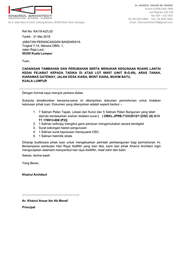 Example of submission letter to DBKL