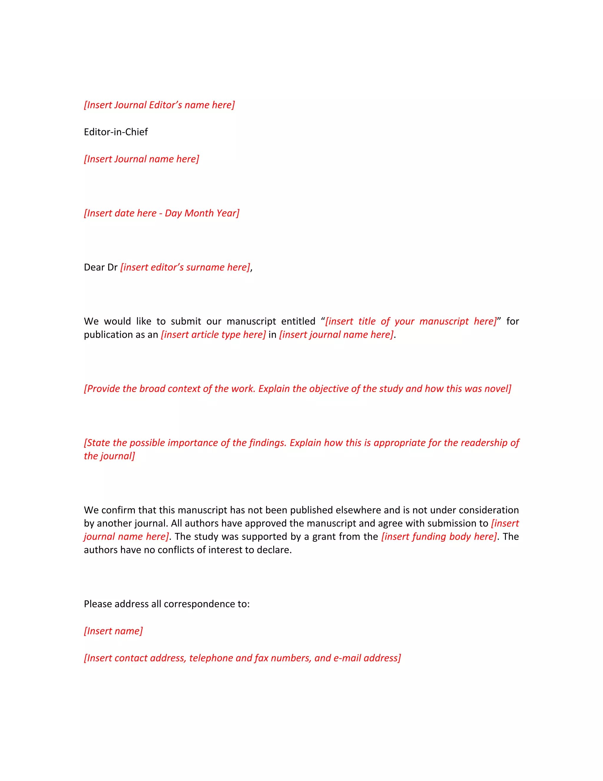 Cover letter template short&extebded for journal editor | PDF