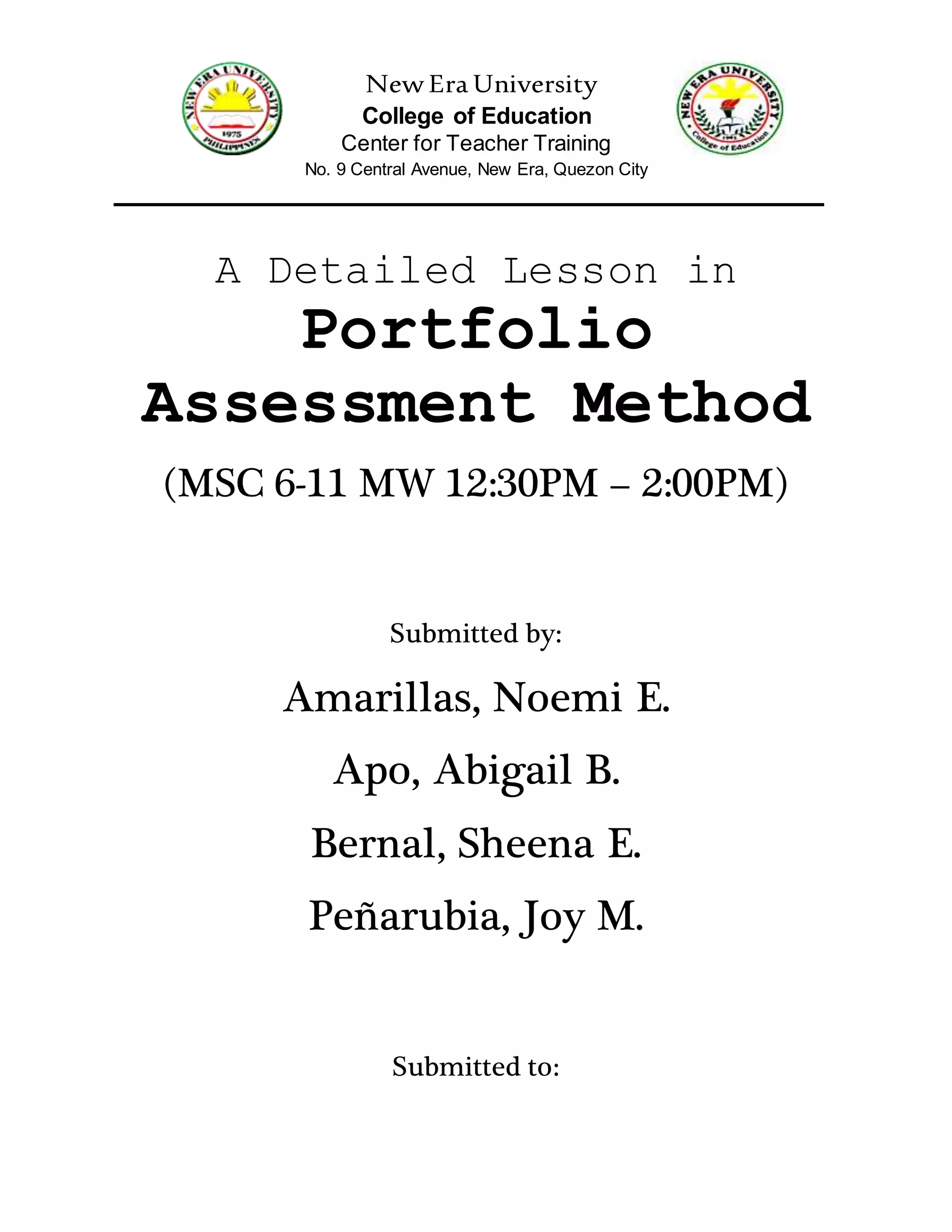 Cover page of a detailed lesson plan in portfolio assessment method of ...