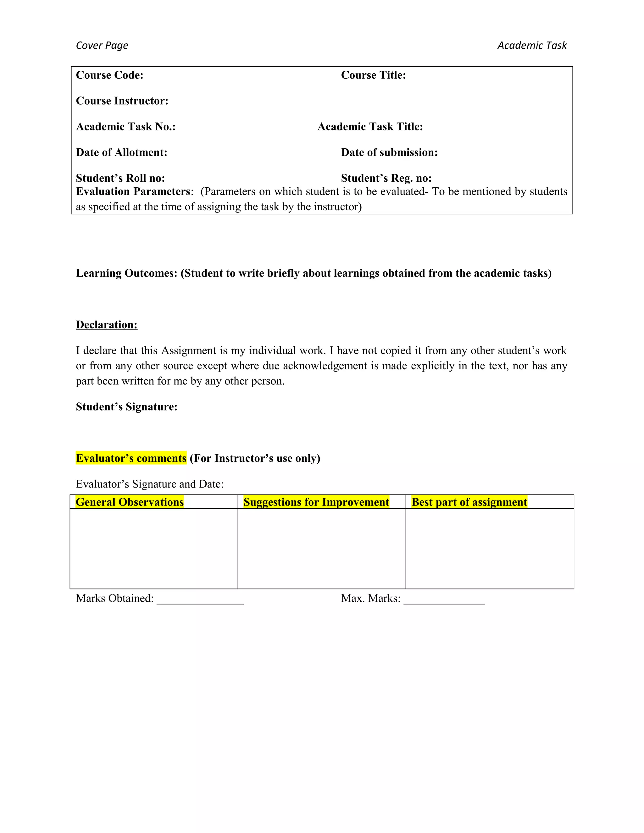 Cover page of assignment | PDF