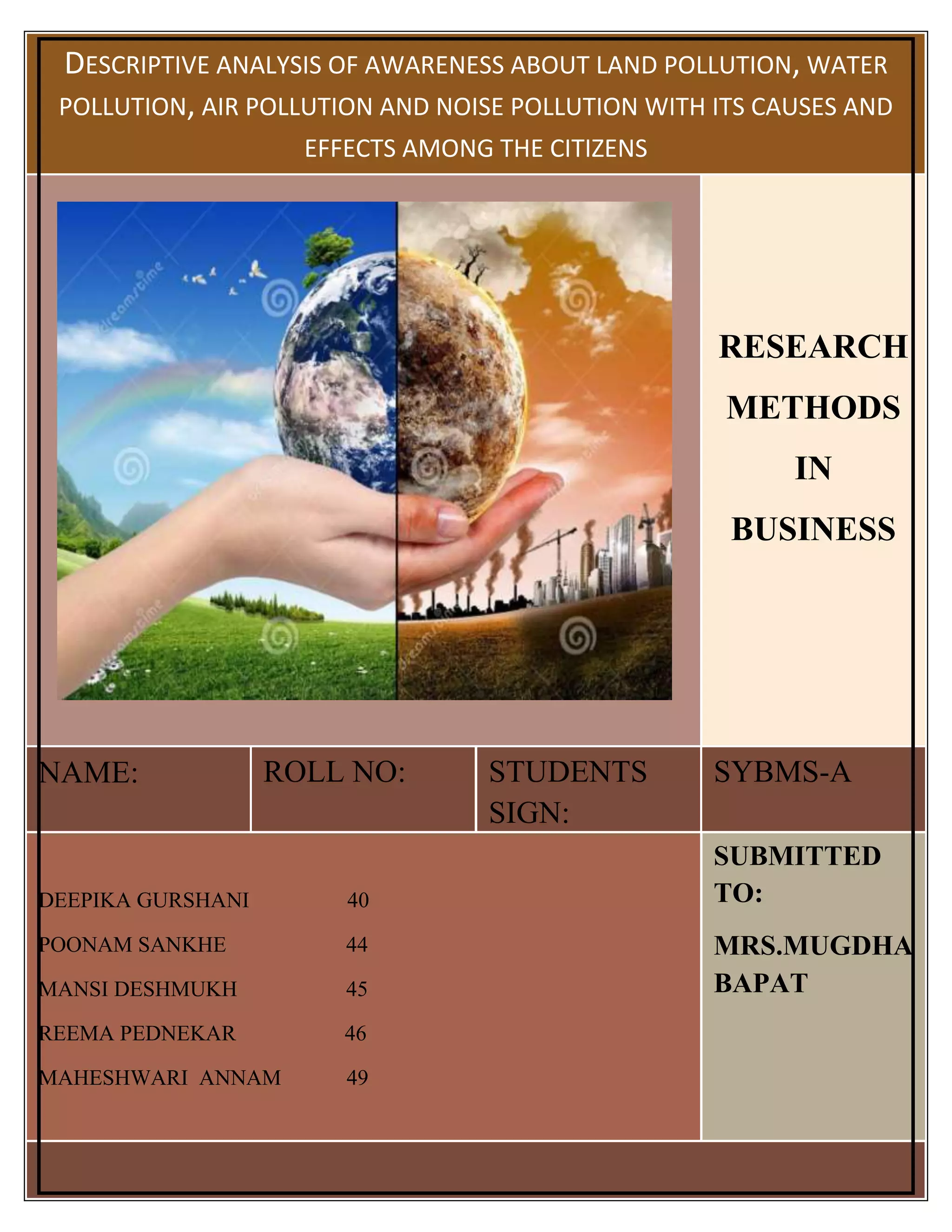 Descriptive analysis of awareness about land pollution, water pollution ...