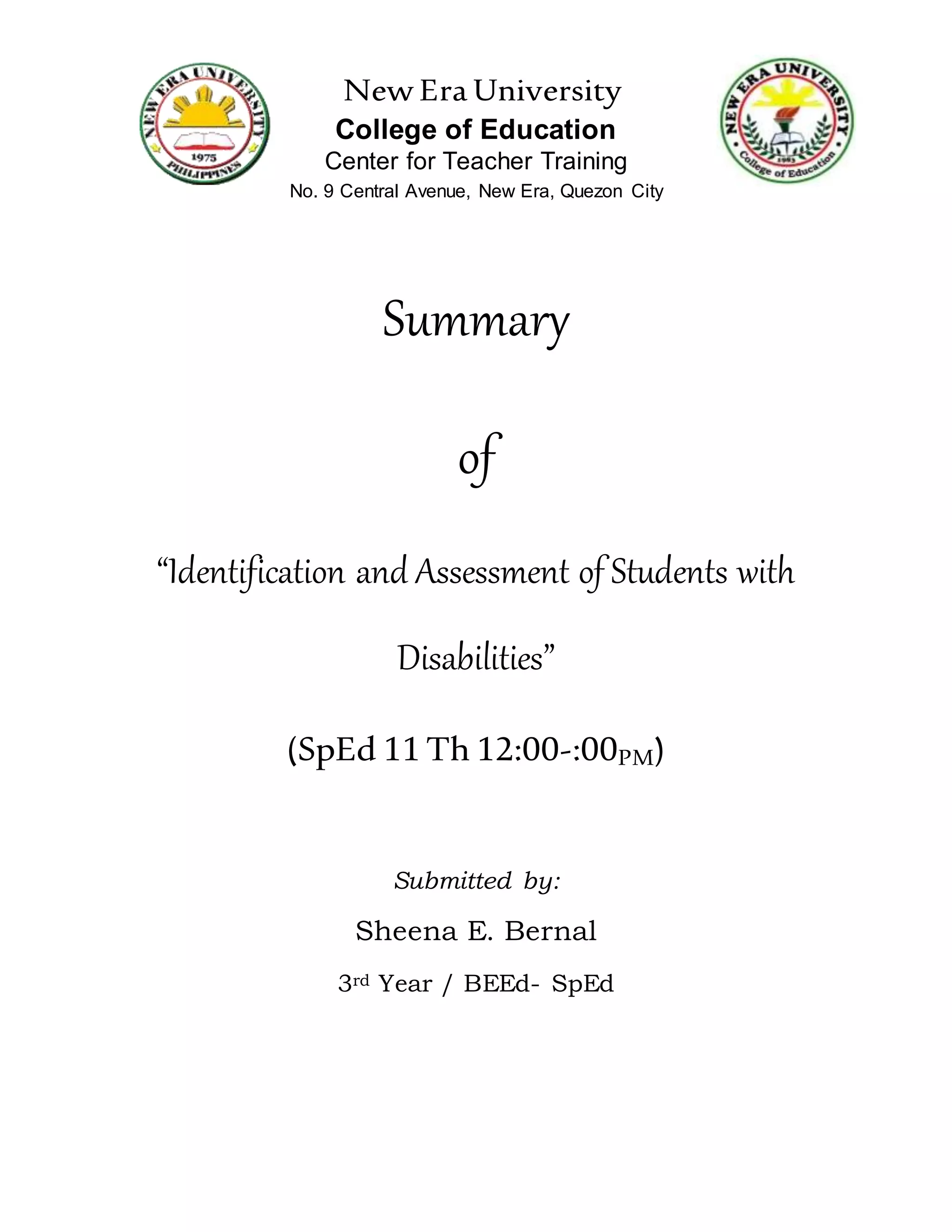 Cover page summary “identification and assessment of students with ...
