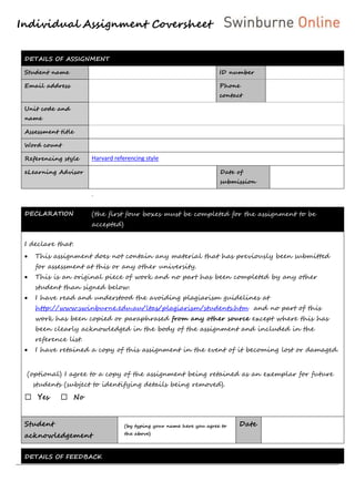 Cover sheet harvard | DOCX