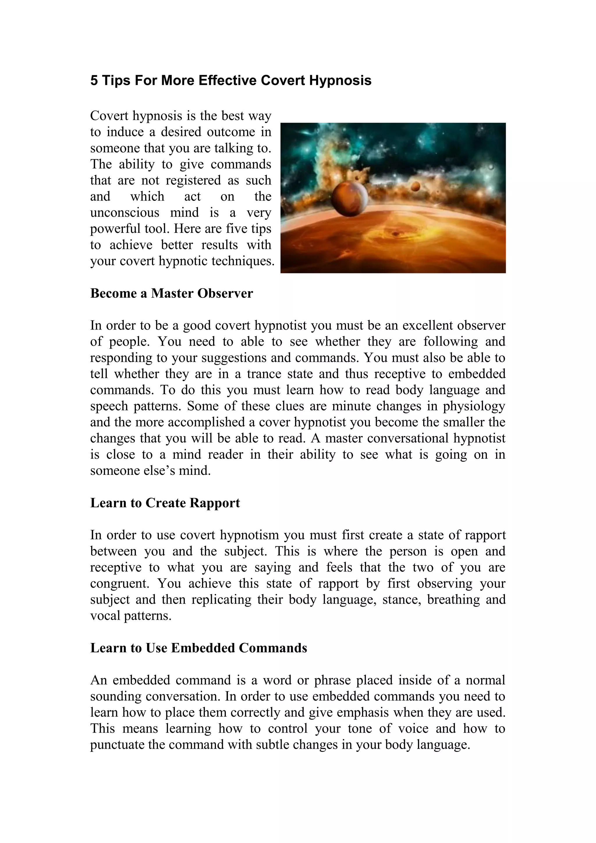 Covert Hypnosis Techniques pdf | PDF