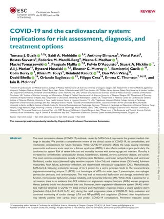 Covid 19 and the cardiovascular system implications for risk assessment ...