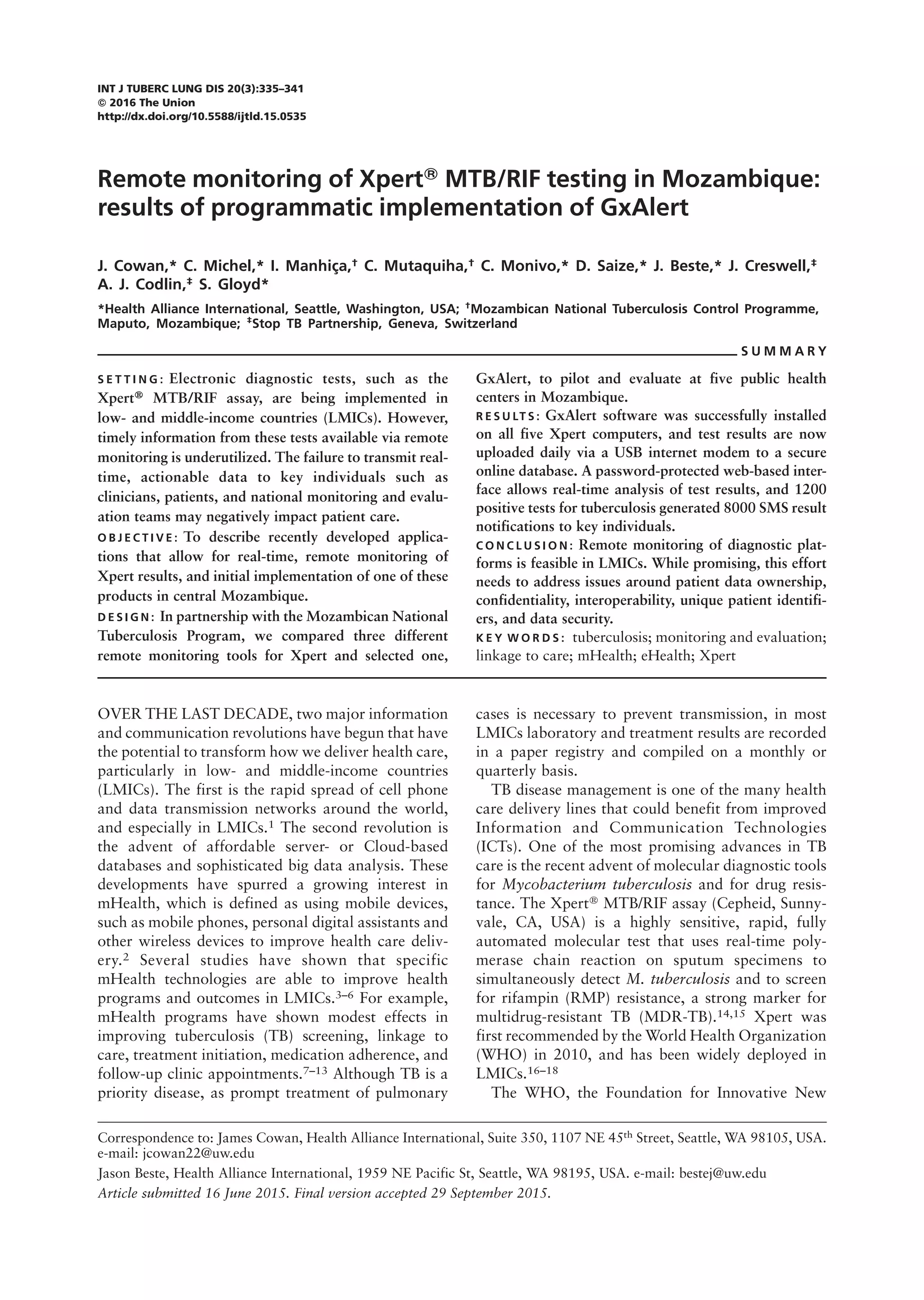 Remote monitoring of XpertW MTB/RIF testing in Mozambique: results of ...