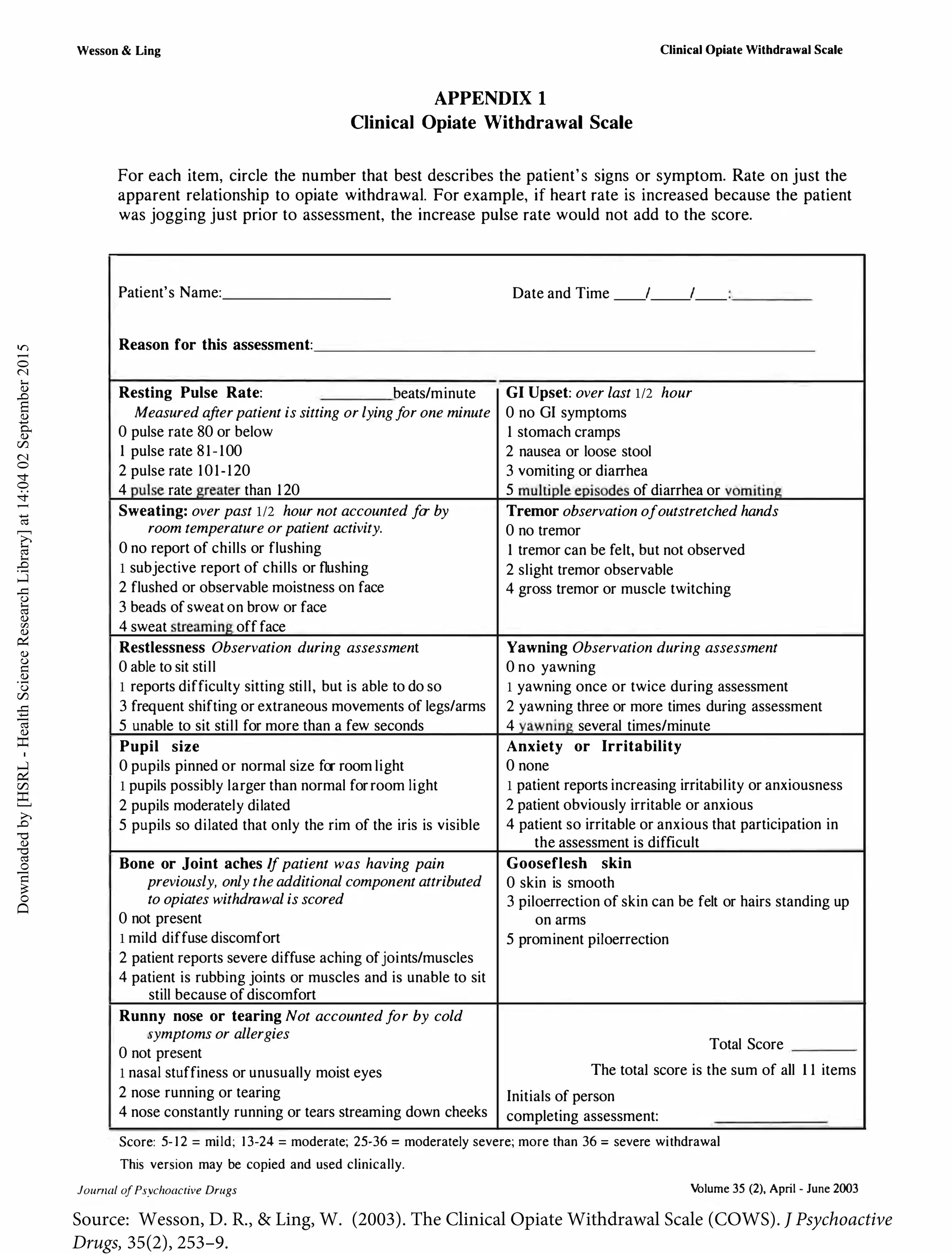 Clinical Opioid Withdrawal Scale | PDF