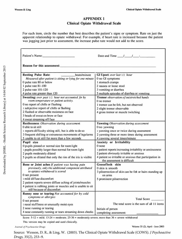 Clinical Opioid Withdrawal Scale | PDF