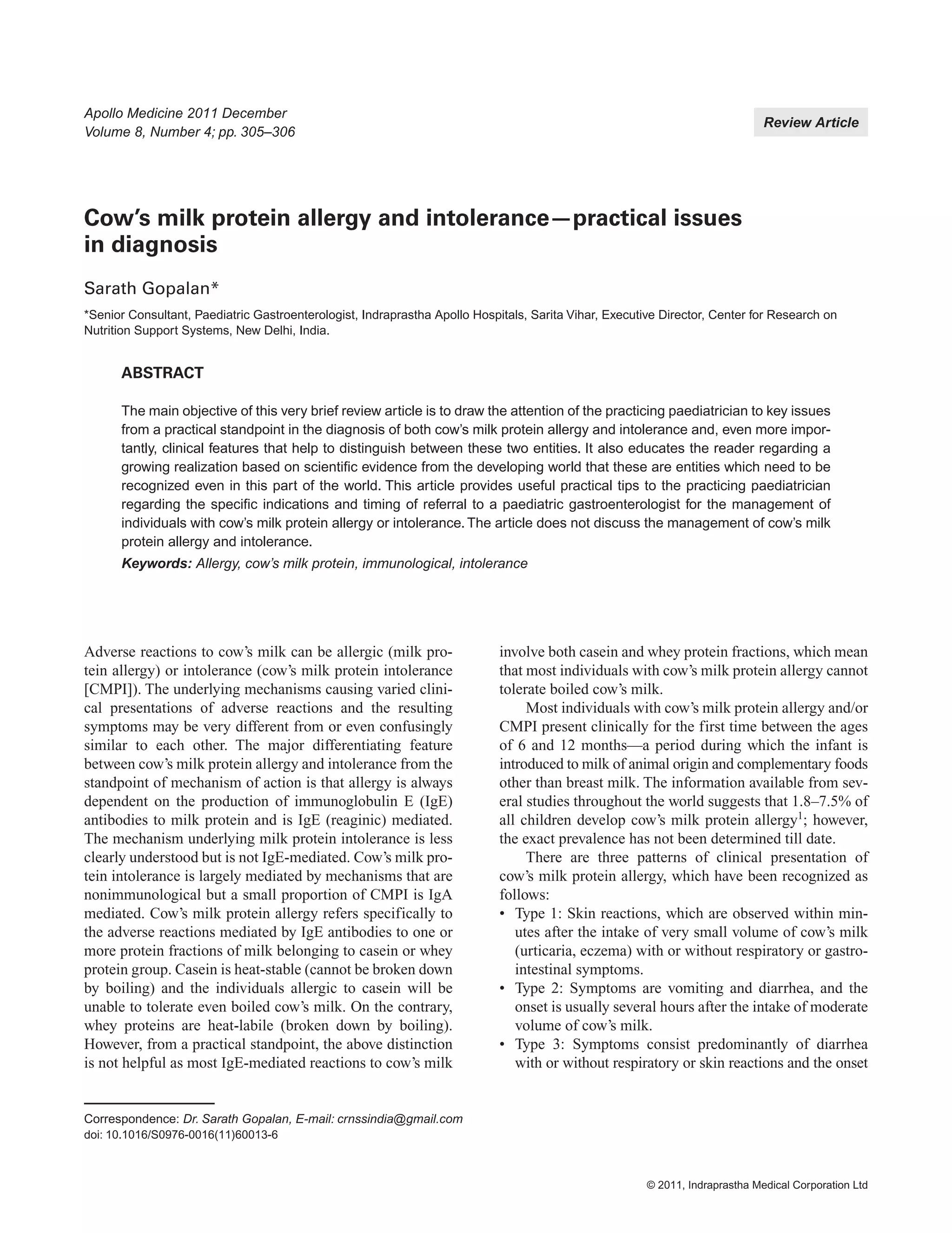 Cow’s milk protein allergy and intolerance practical issues | PDF