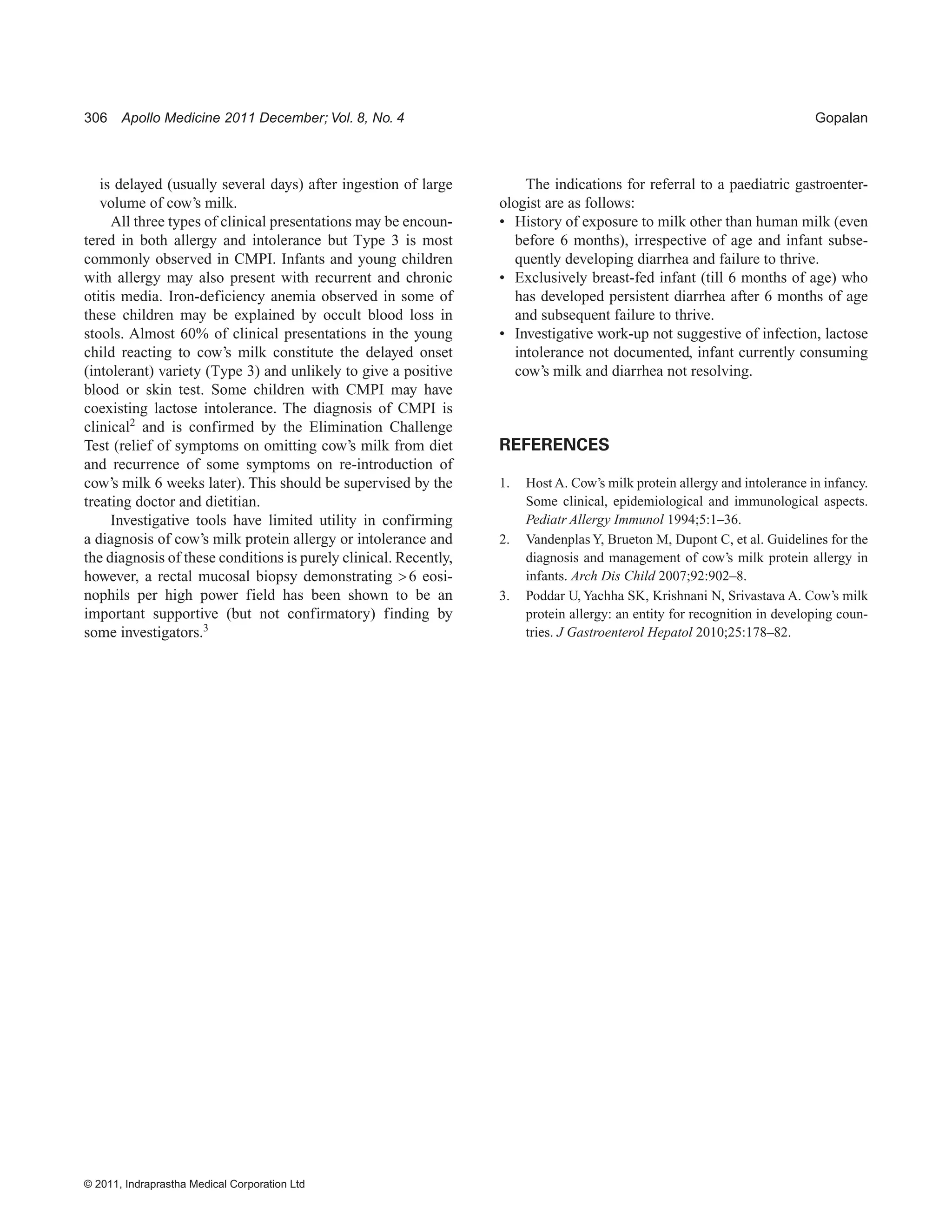 Cow's milk protein allergy and intolerance—practical issues in ...
