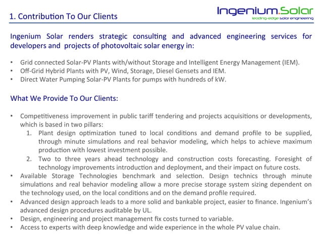 INGENIUM SOLAR. STRATEGIC CONSULTING & ADVANCED ENGINEERING FOR SOLAR ...