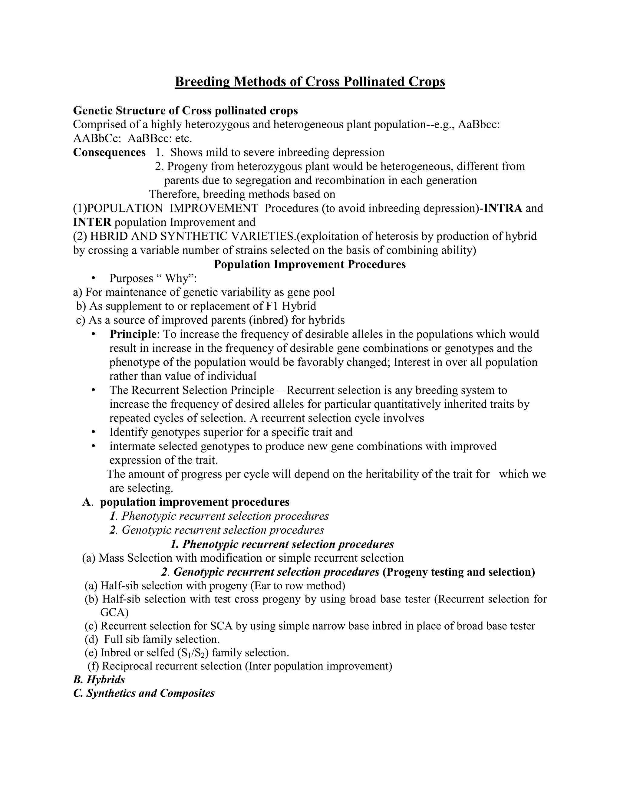 Cp population improvement-phenotypic and genotypic (half sib) method | PDF