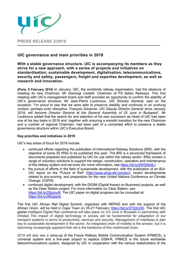 UIC governance projets-initiatives 2019 | PDF | Rail Travel | Travel Type