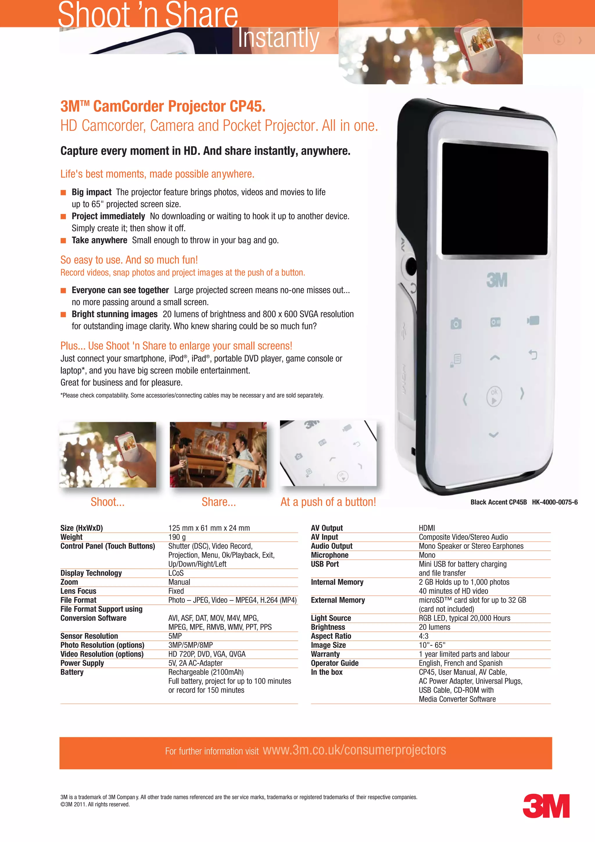 3M Camcorder Projector CP45 specification sheet | PDF