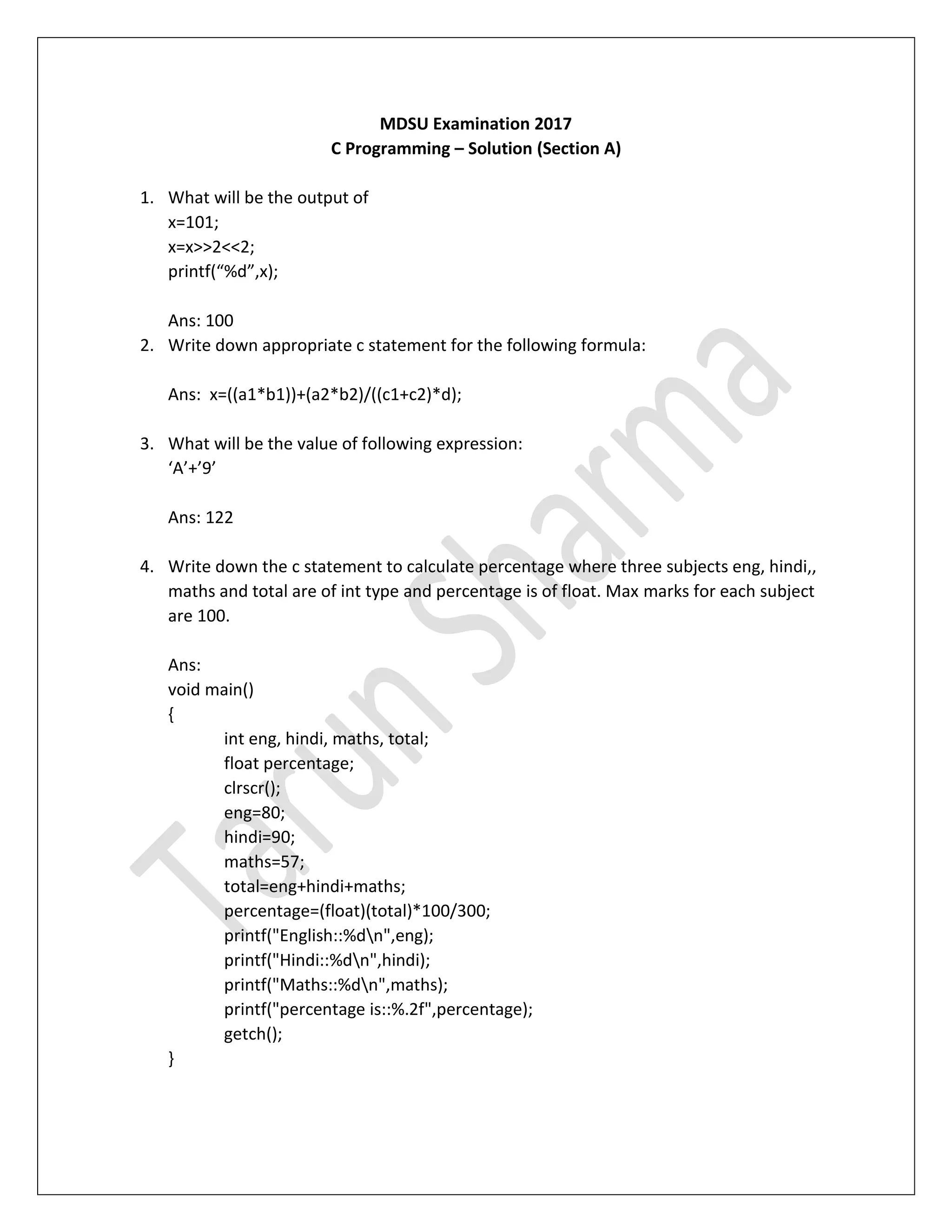 C Question Paper Solution - MDSU Ajmer | PDF