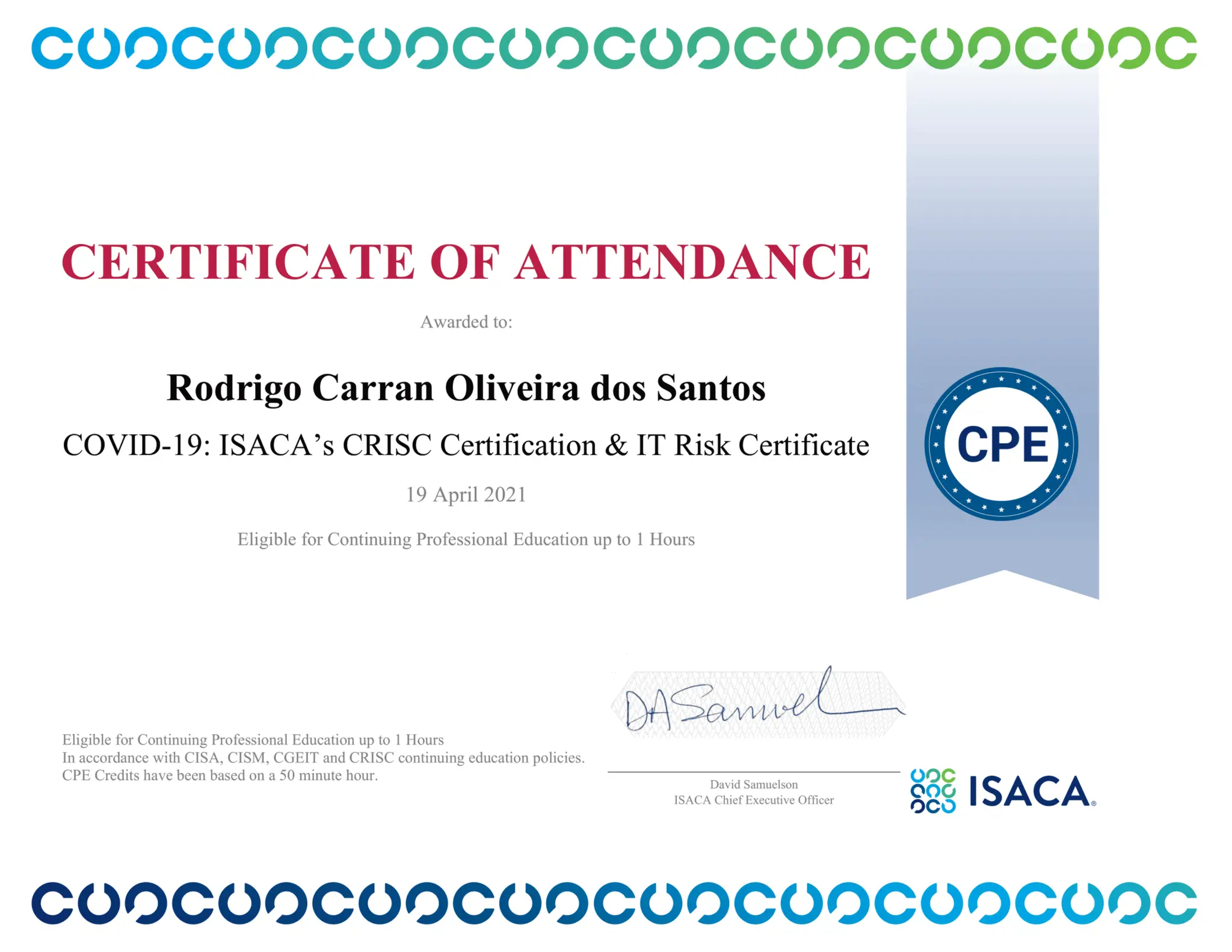 cpe-certificate-COVID-19-ISACAâ€™s-CRISC-Certification-&-IT-Risk ...