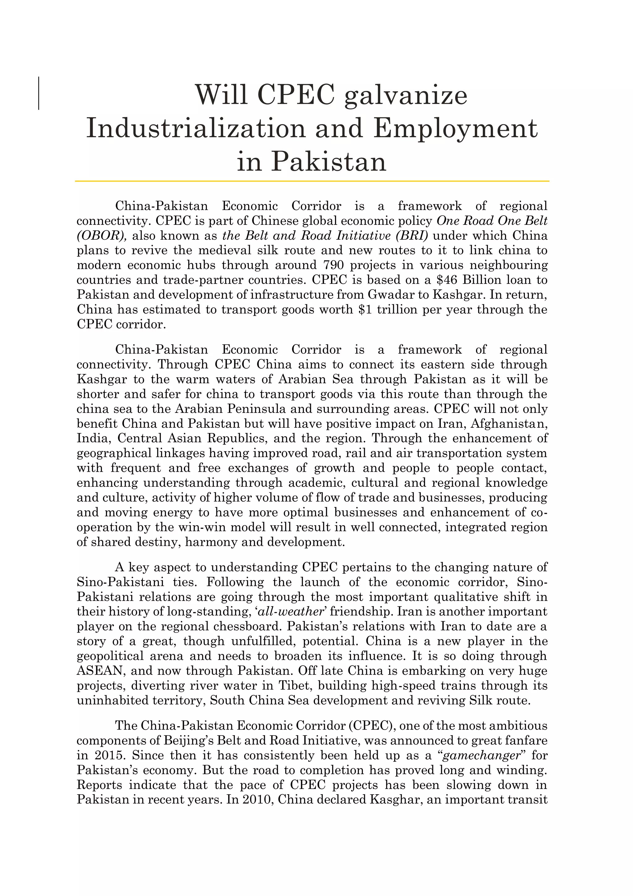 Cpec will galvanize industrailization and employment in pakistan | PDF