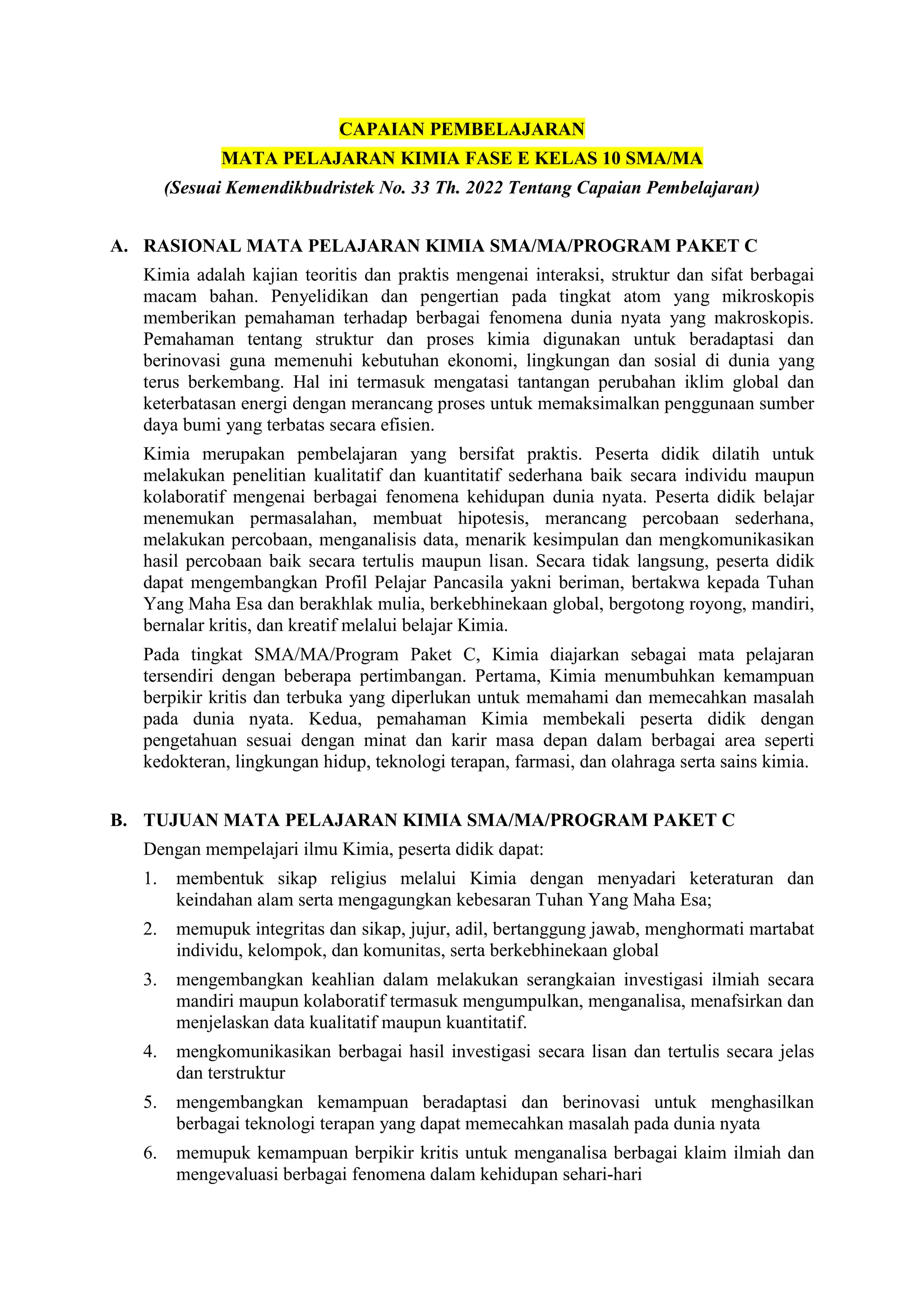 CP Fase E - IPA (Kimia) capaian pembelajaran | DOCX