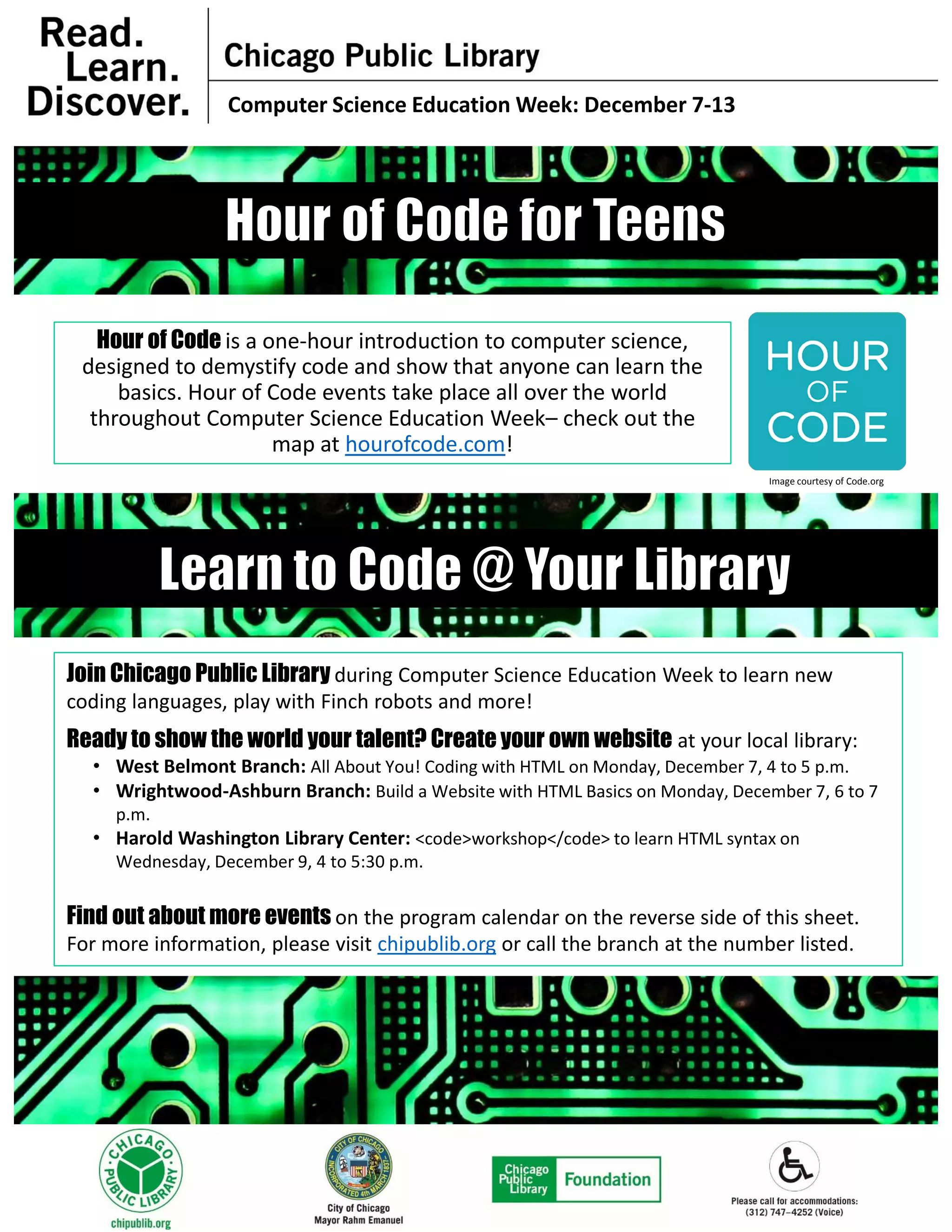Chicago Public Library Branches' Hour of Code programming for Teens ...