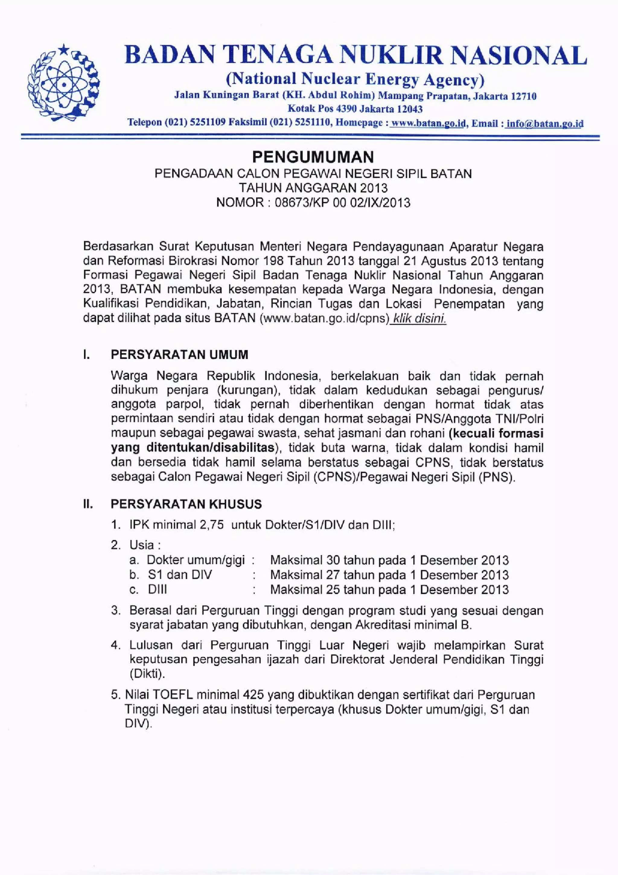 Cpns batan 2013 | PDF