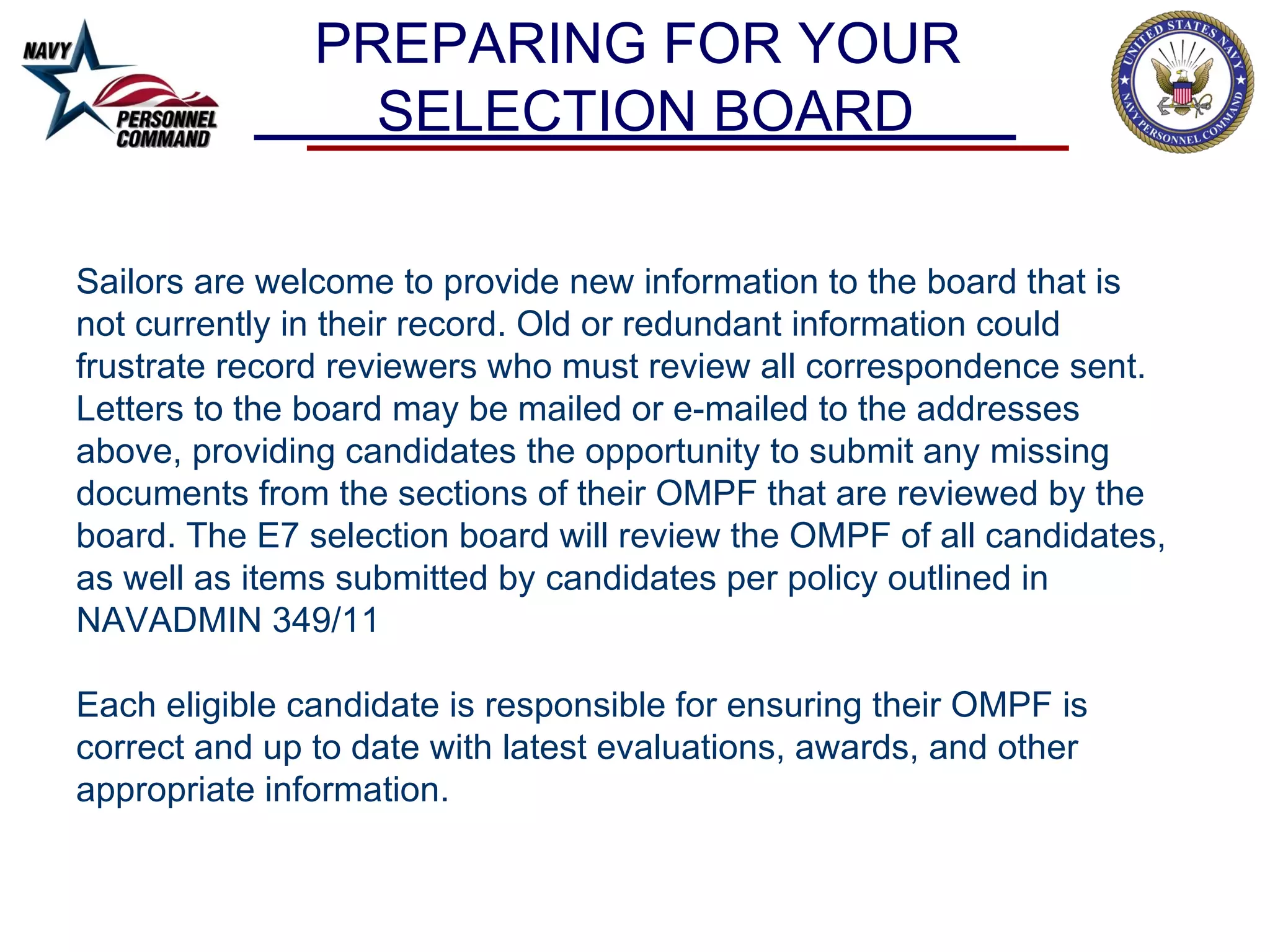 CPO Selection Board Brief 2012 (FY2013) | PPT