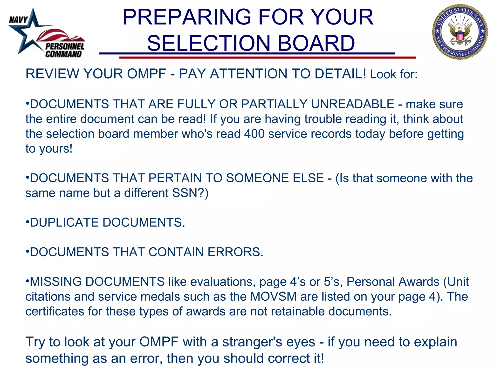 CPO Selection Board Brief 2012 (FY2013) | PPT