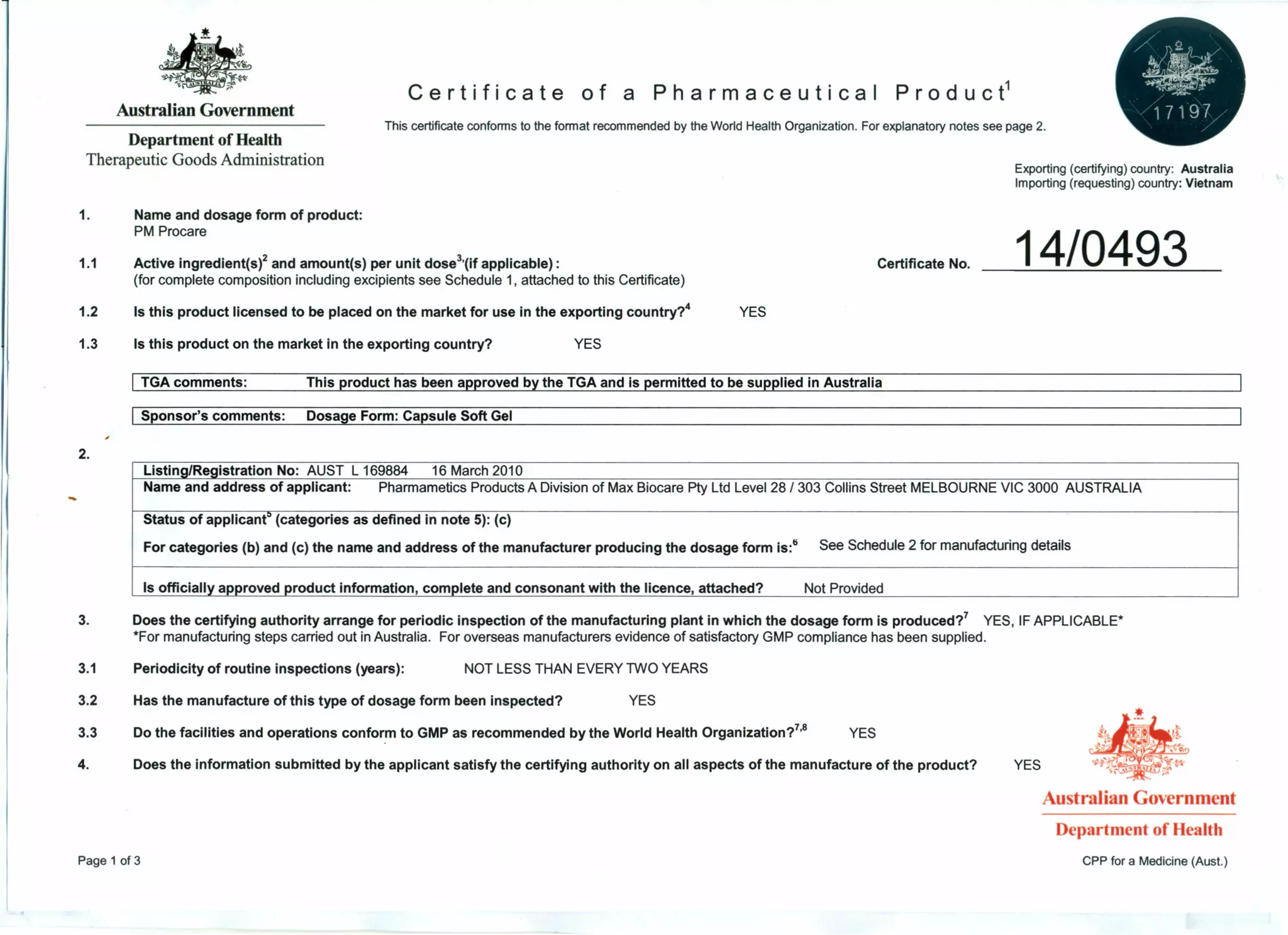 Đăng ký lưu hành sản phẩm PM Procare tại Australia | PDF