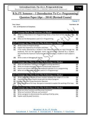 [Question Paper] Introduction To C++ Programming (Revised Course) [April / 2014] | PDF
