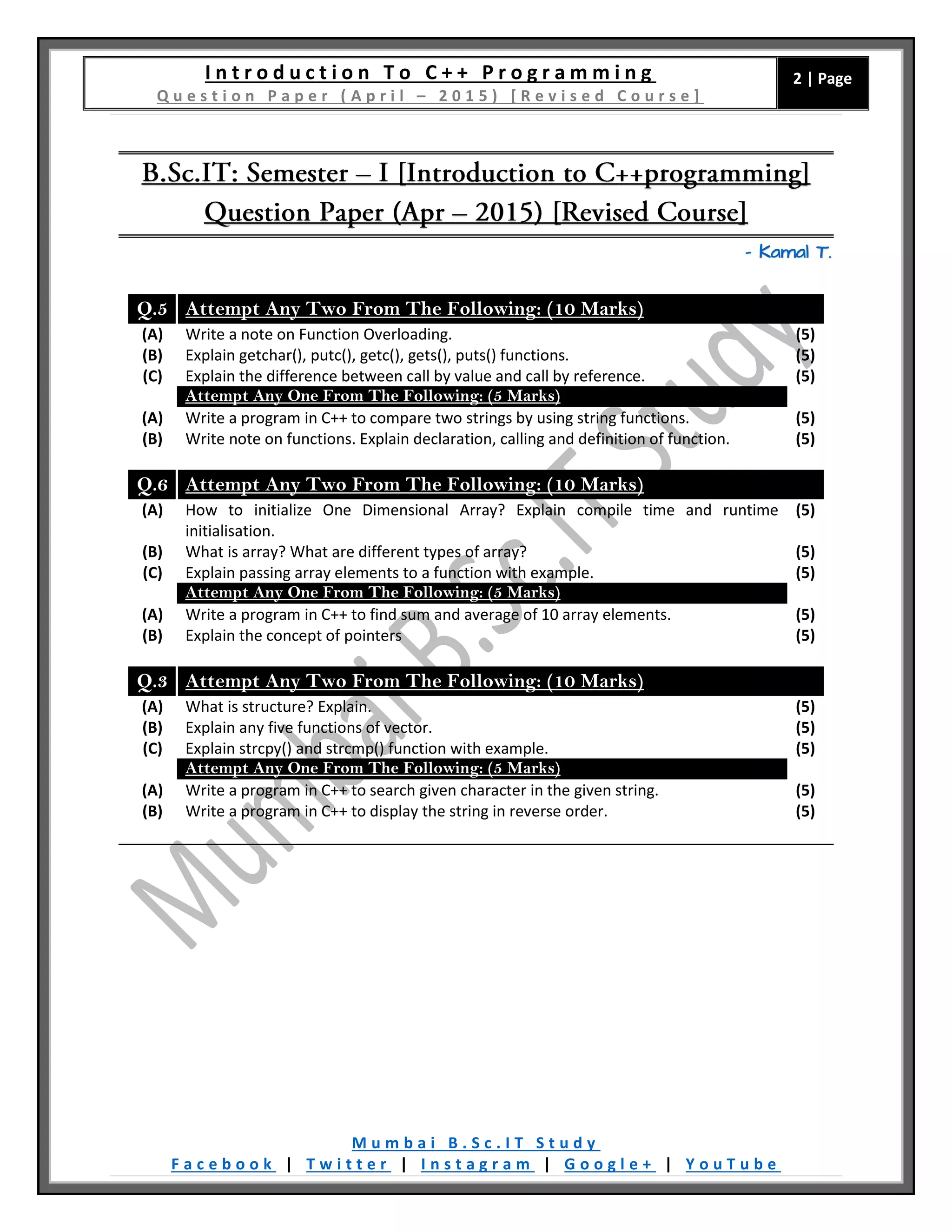[Question Paper] Introduction To C++ Programming (Revised Course) [April / 2015] | PDF