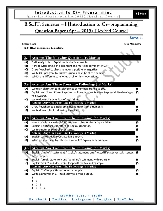 [Question Paper] Introduction To C++ Programming (Revised Course ...