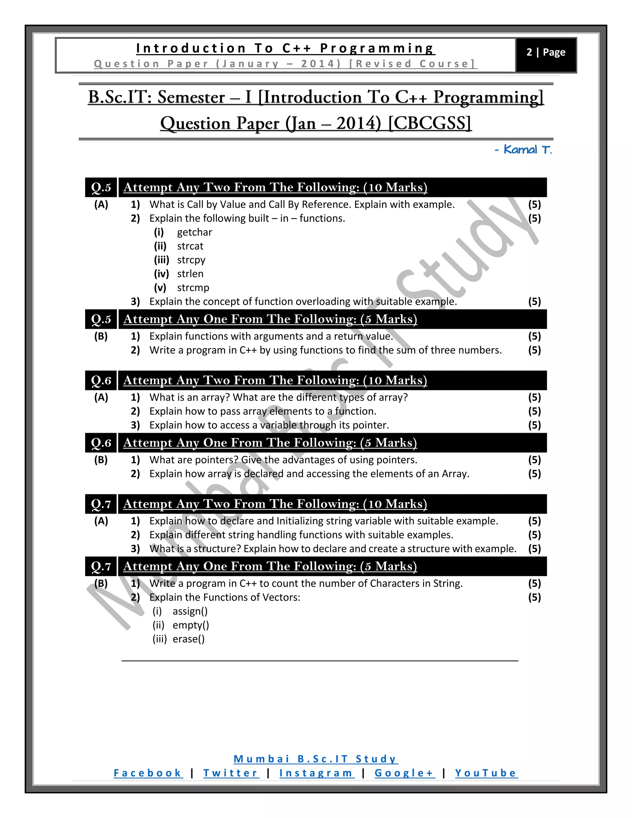 [Question Paper] Introduction To C++ Programming (Revised Course) [January / 2014] | PDF